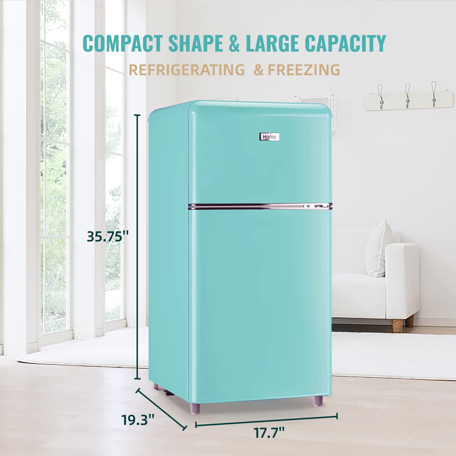 WANAI Compact Mini Refrigerator Small Refrigerator with Freezer, Retro Mini Fridge with Dual Door,7 Adjustable Thermostat, Adjustable Shelves For Dorm, Office Bedroom, Blue