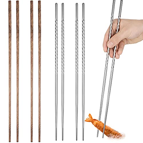 4 Pairs Long Cooking Chopsticks 15.3 Inch Extra Long Stainless Steel Chopsticks with Non Slip Threaded and 16.5 Inch Wooden Noodles Kitchen Cooking Frying Chopsticks (Silver, Wood Color)