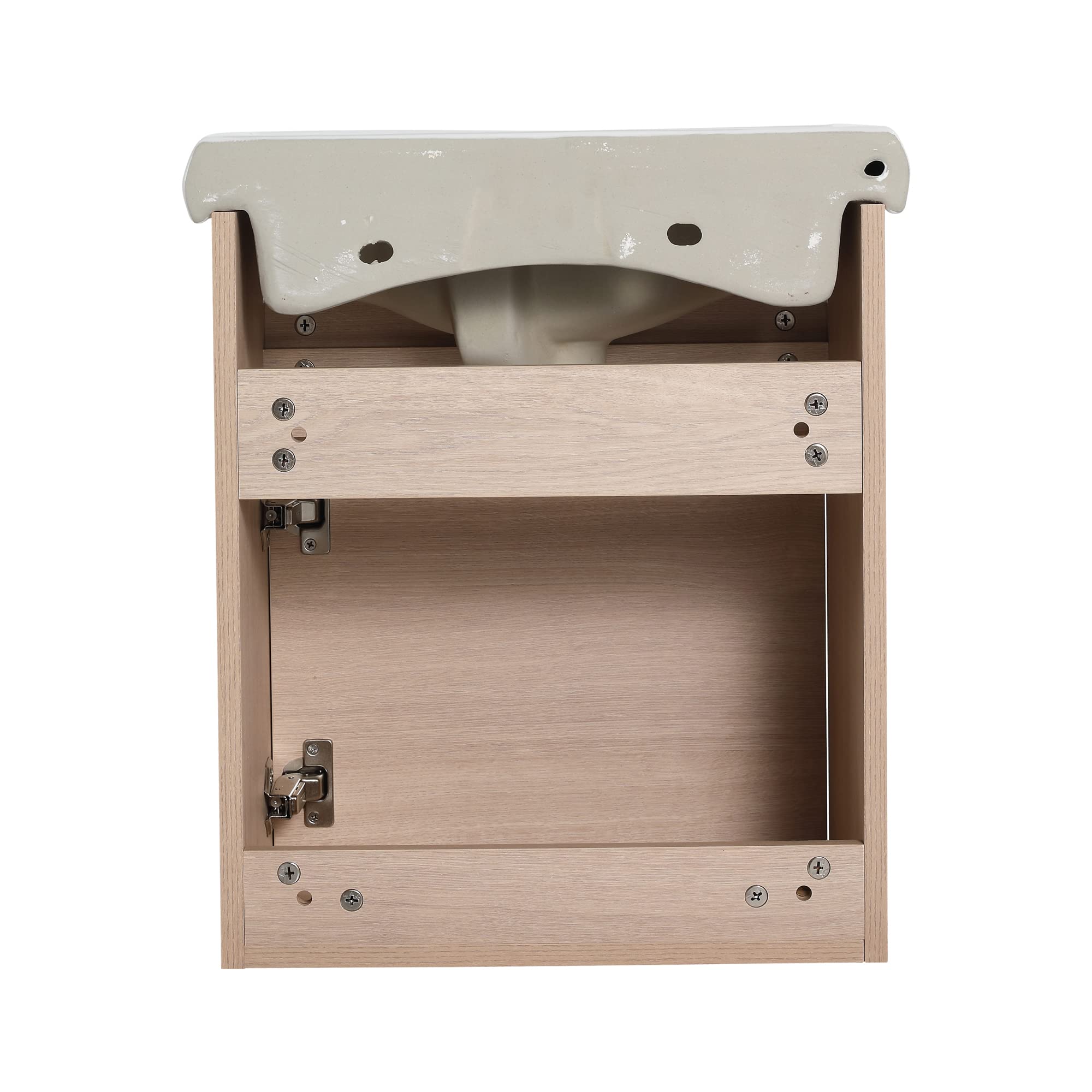 Pvillez Modern Bathroom Vanity with Sink Combo 18 inch Small Bathroom Vanity Set with Top Basin & Storage Cabinet Wood Wall Mounted Light Oak Bath Cabinet with Glossy Ceramic Sink for Small Space