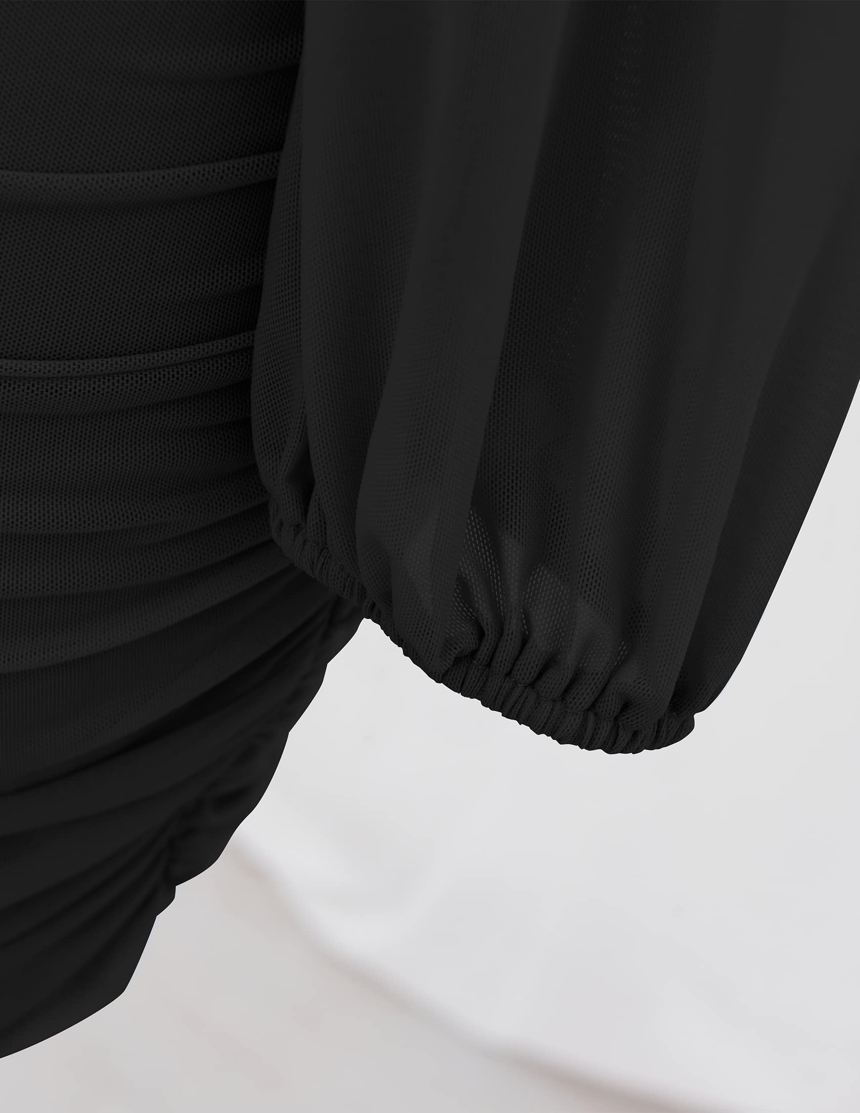 ZESICA Women's Sexy V Neck Ruched Bodycon Mini Dress Puff Long Sleeve Cocktail Wedding Party Short Dresses,Black,Large