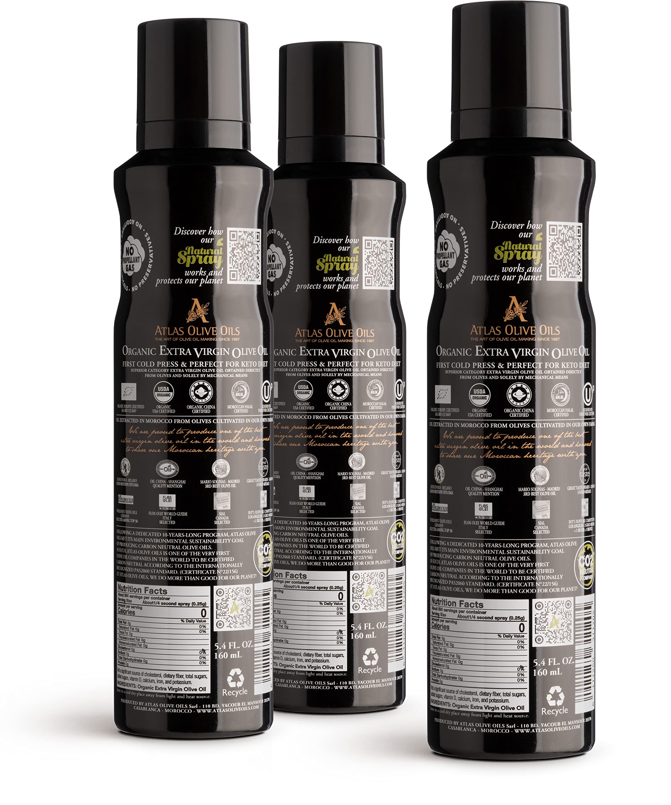 Organic Extra Virgin Olive Oil Spray, Polyphenol Rich Moroccan Oil, Cooking Spray Non Stick, Cold Pressed EVOO Oil, Hydroxytyrosol Keto Olive Oil, 5.4 fl oz. Bottle, Pack of 3