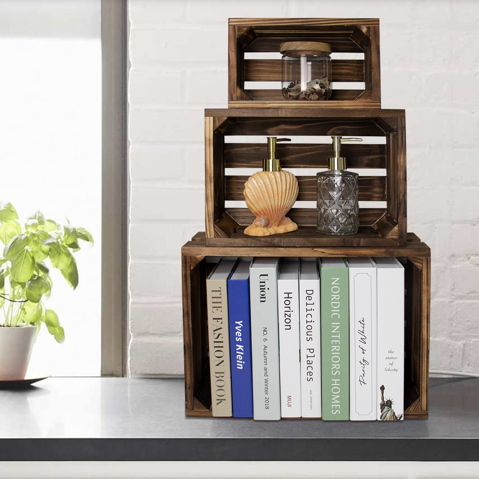 TNQNCFL Wooden Crate for Display and Storage,Rustic Decorative Wood Crate,Nesting Storage Box,Wood Basket,Handmade Natural Solid Wood Box,Farmhouse Container Boxes(Extra Large Set Of 3)