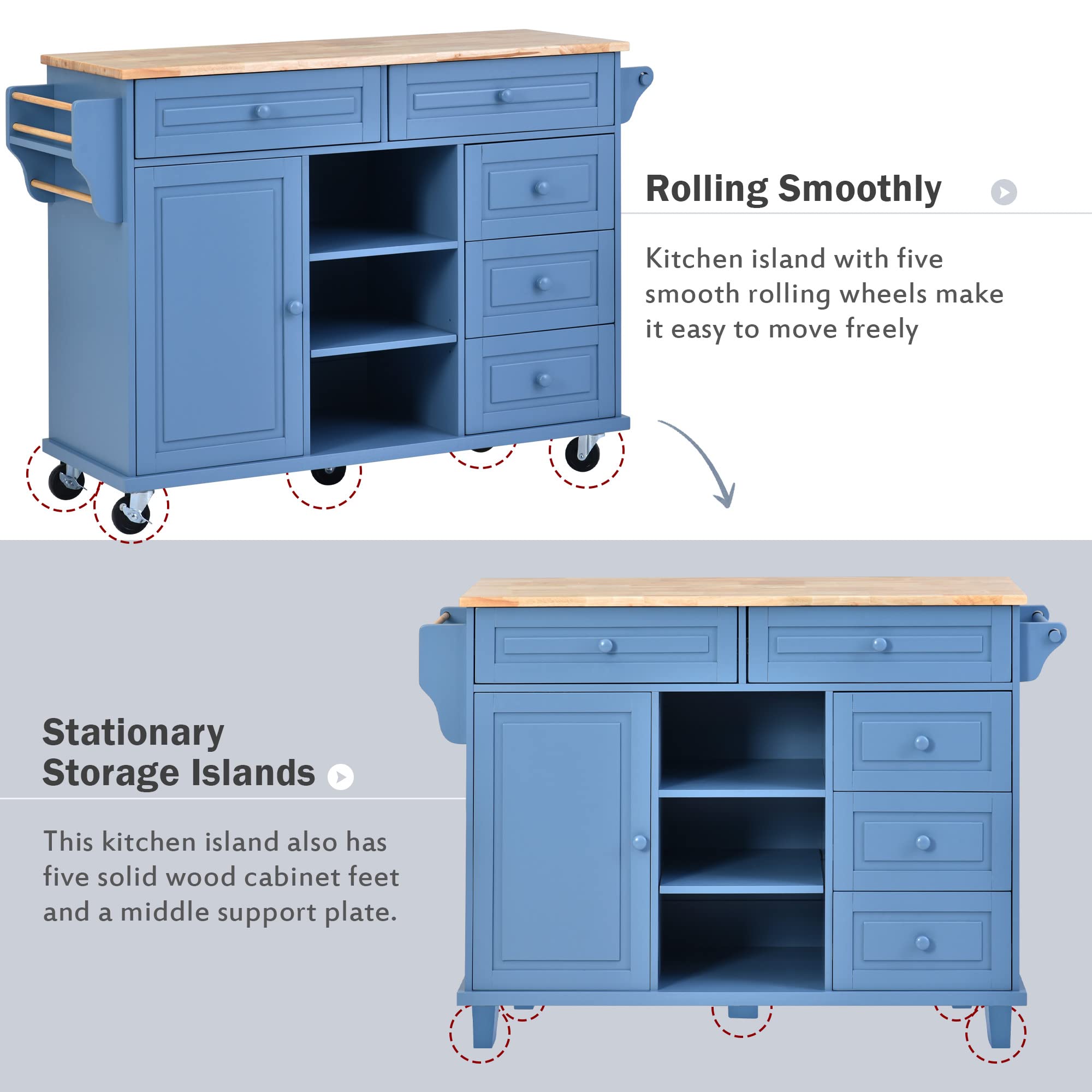 P PURLOVE Kitchen Island Cart with Solid Wood Desktop and Storage Cabinet, Rolling Mobile Kitchen Island Cart with Adjustable Shelves, Spice Rack, Towel Rack, 5 Drawers and Lockable Casters, Blue