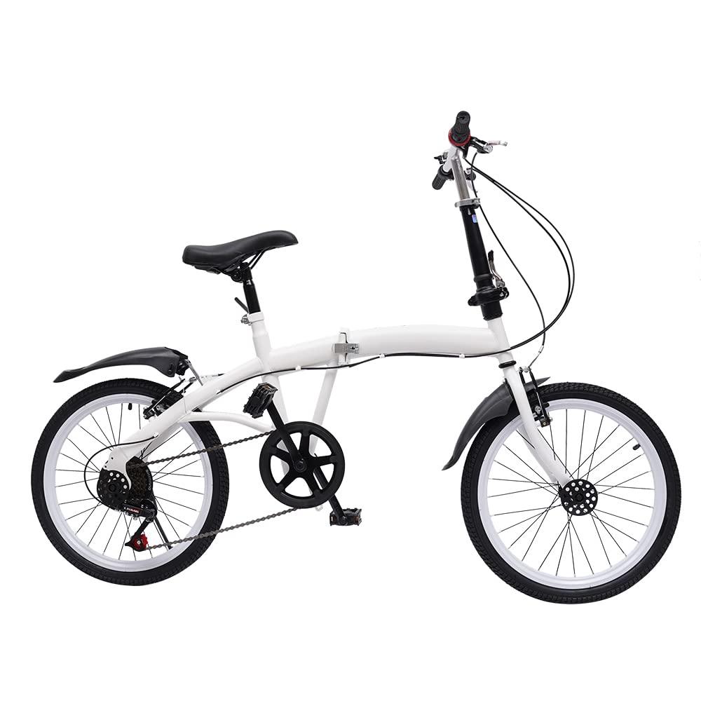 GMSLuu Adult Folding Bike, 20-inch Wheels with 7-Speed Drivetrain, Carbon Steel Frame Bike for Women and Men, Lightweight Bicycle for Work School, White Portable Camping Bicycle