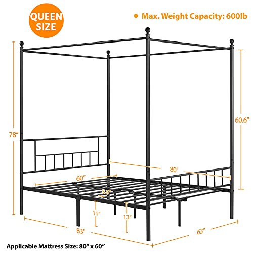 Yaheetech Metal Canopy Platform Bed Frame Four-Poster Canopied Bed Mattress Foundation with Headboard and Footboard Sturdy Slatted Structure No Box Spring Needed Easy Assembly Queen Black