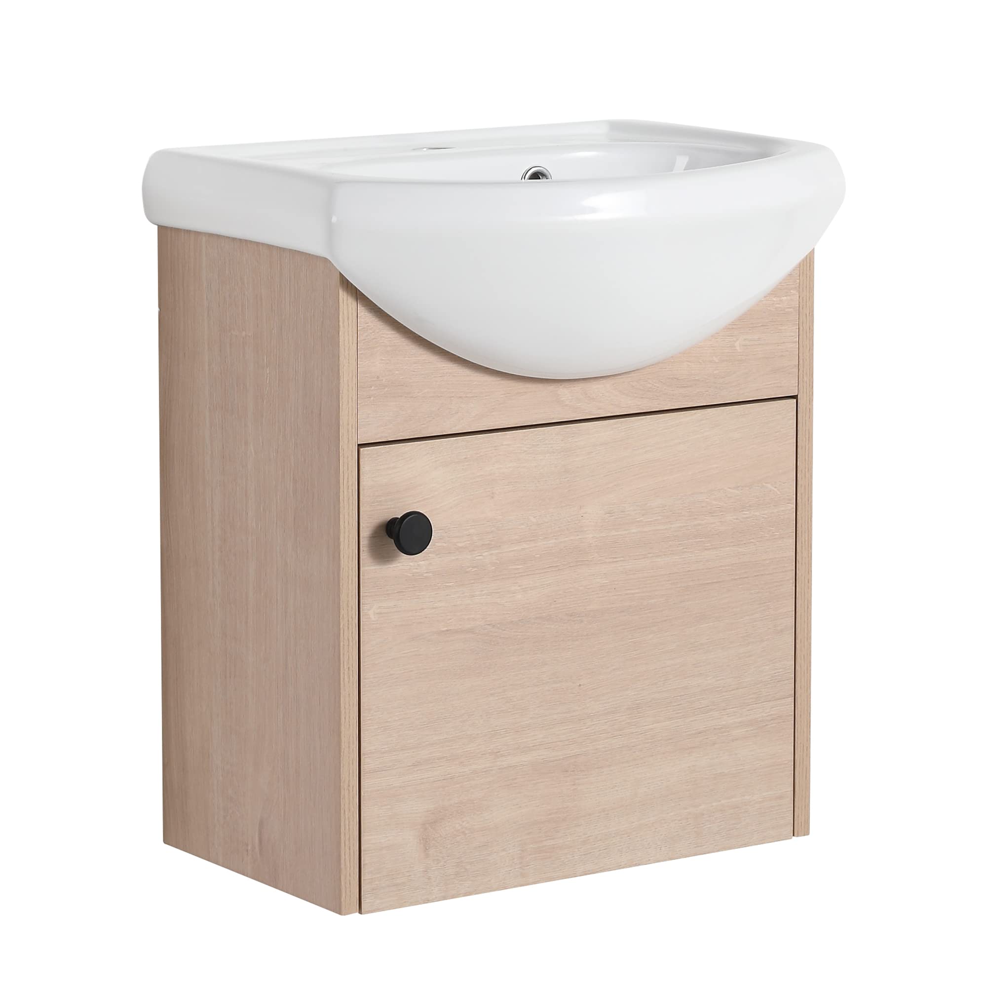 Pvillez Modern Bathroom Vanity with Sink Combo 18 inch Small Bathroom Vanity Set with Top Basin & Storage Cabinet Wood Wall Mounted Light Oak Bath Cabinet with Glossy Ceramic Sink for Small Space
