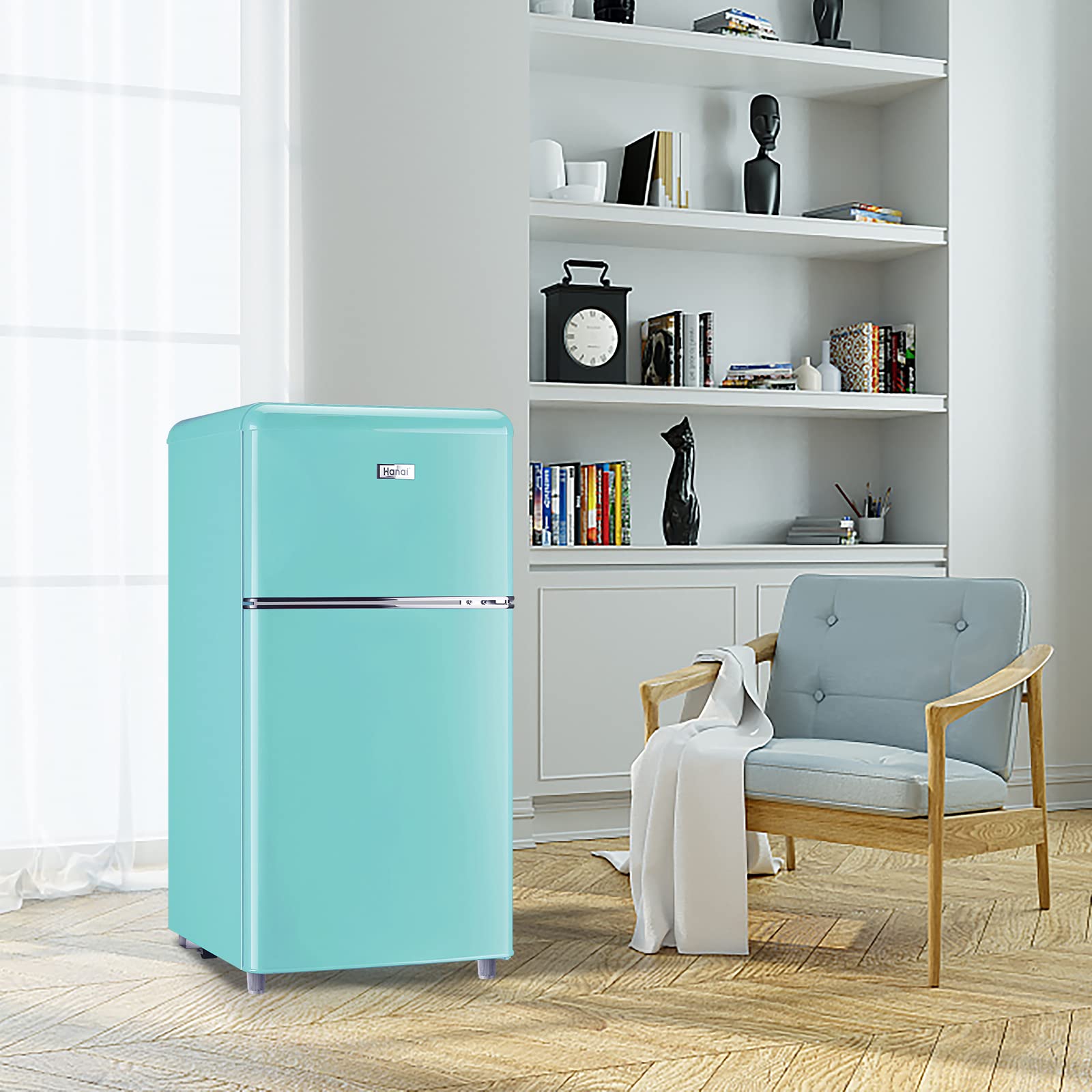 WANAI Compact Mini Refrigerator Small Refrigerator with Freezer, Retro Mini Fridge with Dual Door,7 Adjustable Thermostat, Adjustable Shelves For Dorm, Office Bedroom, Blue