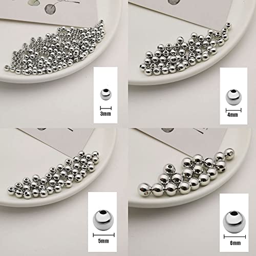 200 Pcs Mix White K Beads Smooth Little Round Spacer Beads Brass Long-Lasting Tarnish Resistant Seamless Loose Beads for DIY Bracelet Jewelry Making (3/4/5/6MM-Silver)