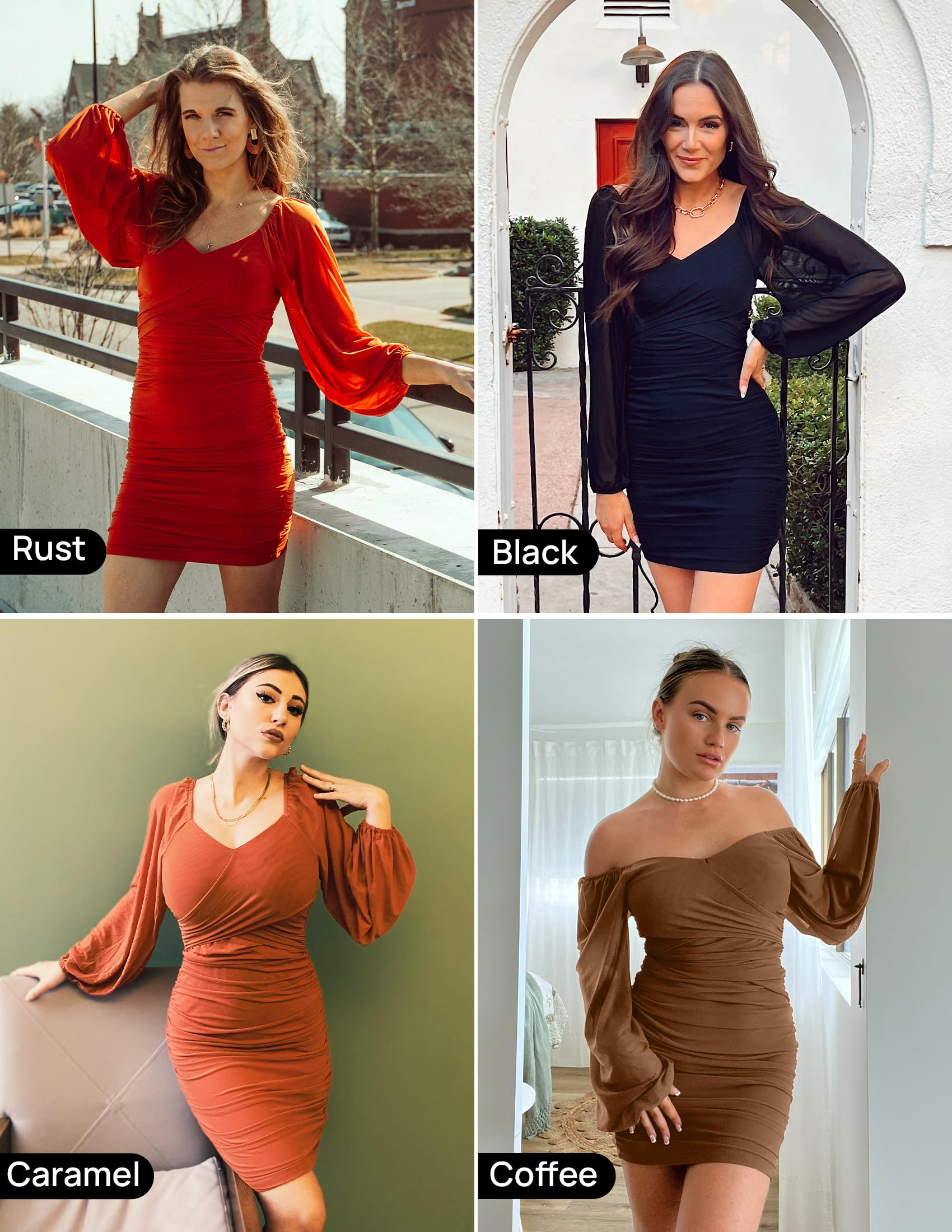 ZESICA Women's Sexy V Neck Ruched Bodycon Mini Dress Puff Long Sleeve Cocktail Wedding Party Short Dresses,Black,Large