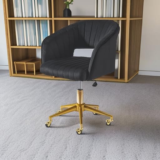 Kiztir Velvet Home Office Chair, Modern Swivel Desk Chair with Gold Base, Round Solid Wheel, Adjustable Vanity Chair for Study, Living Room, Bedroom (Black)