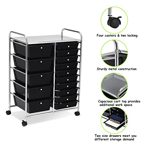 Recollections 15 Drawer Rolling Organizer Cart - Universal Rolling Cart and Organizer with Drawers for Office Multi-Use Storage (Black)