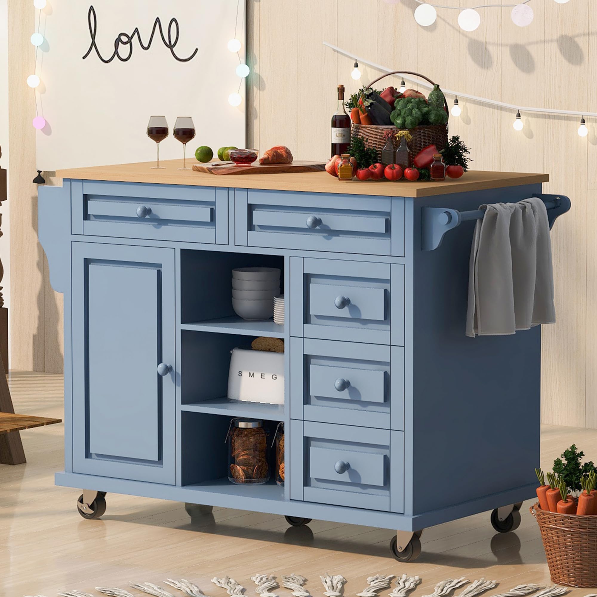 P PURLOVE Kitchen Island Cart with Solid Wood Desktop and Storage Cabinet, Rolling Mobile Kitchen Island Cart with Adjustable Shelves, Spice Rack, Towel Rack, 5 Drawers and Lockable Casters, Blue