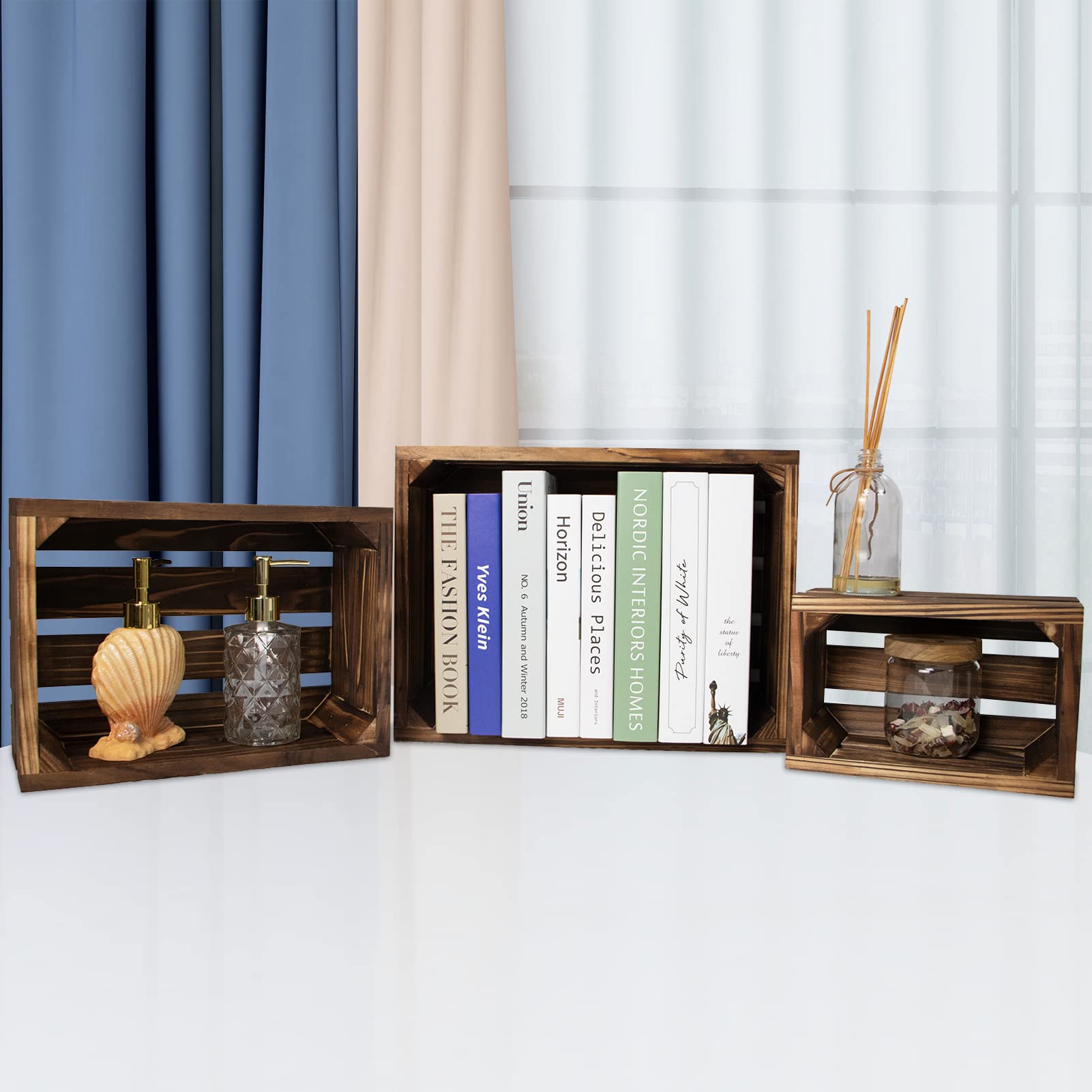 TNQNCFL Wooden Crate for Display and Storage,Rustic Decorative Wood Crate,Nesting Storage Box,Wood Basket,Handmade Natural Solid Wood Box,Farmhouse Container Boxes(Extra Large Set Of 3)