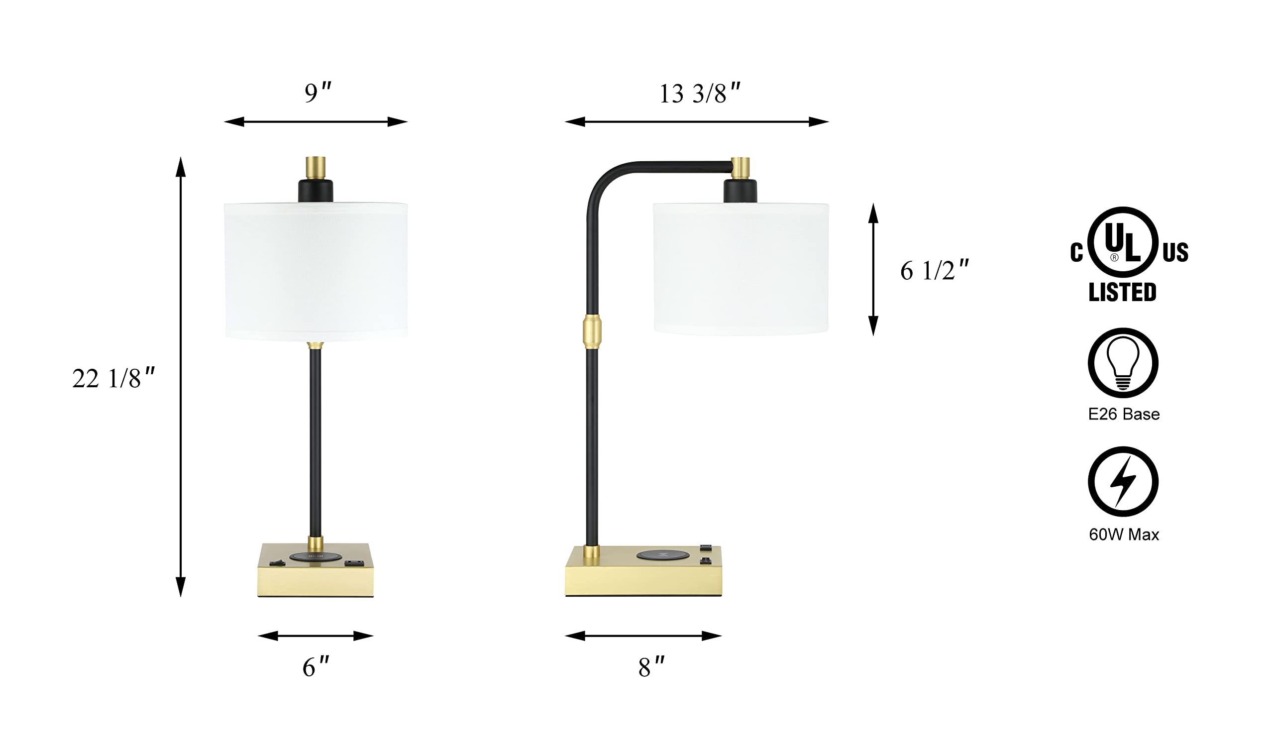 XiNBEi Lighting Desk Lamps for Home Office Modern Black and Brass Table Lamp with Switch Bedside Table Lamp with Charger for Bedroom or Nightstand