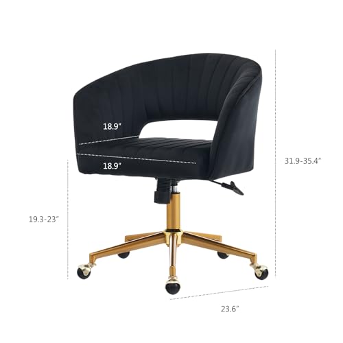 Kiztir Velvet Home Office Chair, Modern Swivel Desk Chair with Gold Base, Round Solid Wheel, Adjustable Vanity Chair for Study, Living Room, Bedroom (Black)