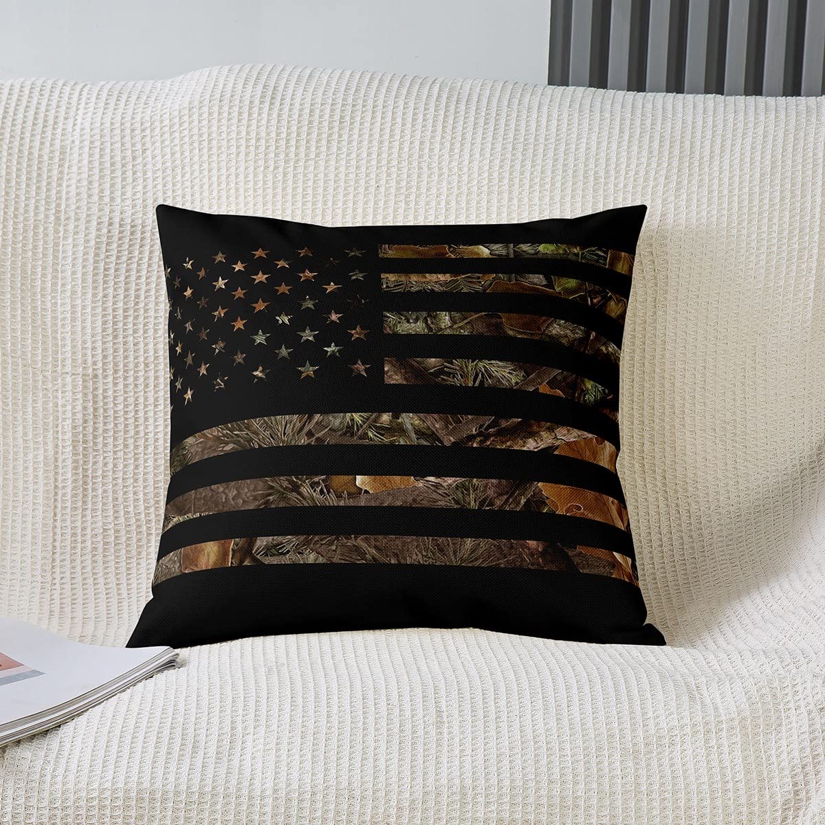 Set of 2 American Flag Camo Throw Pillow covers 18x18, Military Hunting Pillow covers, Rustic Tree Leaves Camouflage Cushion cases, Nature Branches Decorative Pillow covers for Boys, Black Brown
