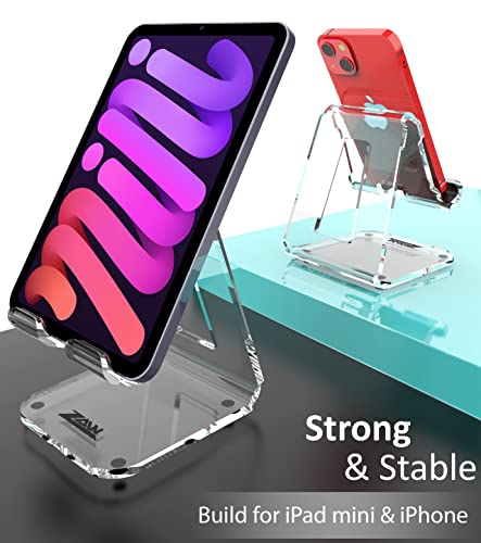ZAW Acrylic Cell Phone Stand, Office Desk Accessories Clear Phone Stand for Desk, 4MM Acrylic Phone Holder, Compatible with iPhone 14 Pro, Samsung S21 S20 Smartphones (1xPack)