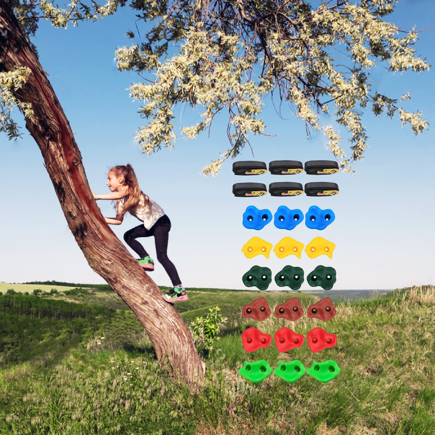 Altatac 18 Ninja Tree Climbing Holds, Rock Climbing Holds with 6 Black Ratchet Straps for Training for Kids