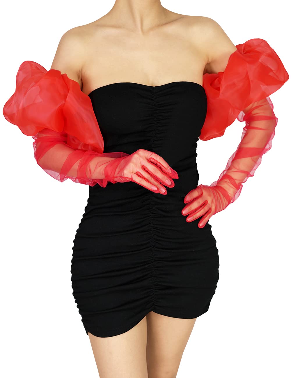 XXDingbs Super Puff Sheer Long Gloves Oversize Tulle Mesh Gloves for Cocktail Opera Party Gloves with Ruffle Long Sleeve Red