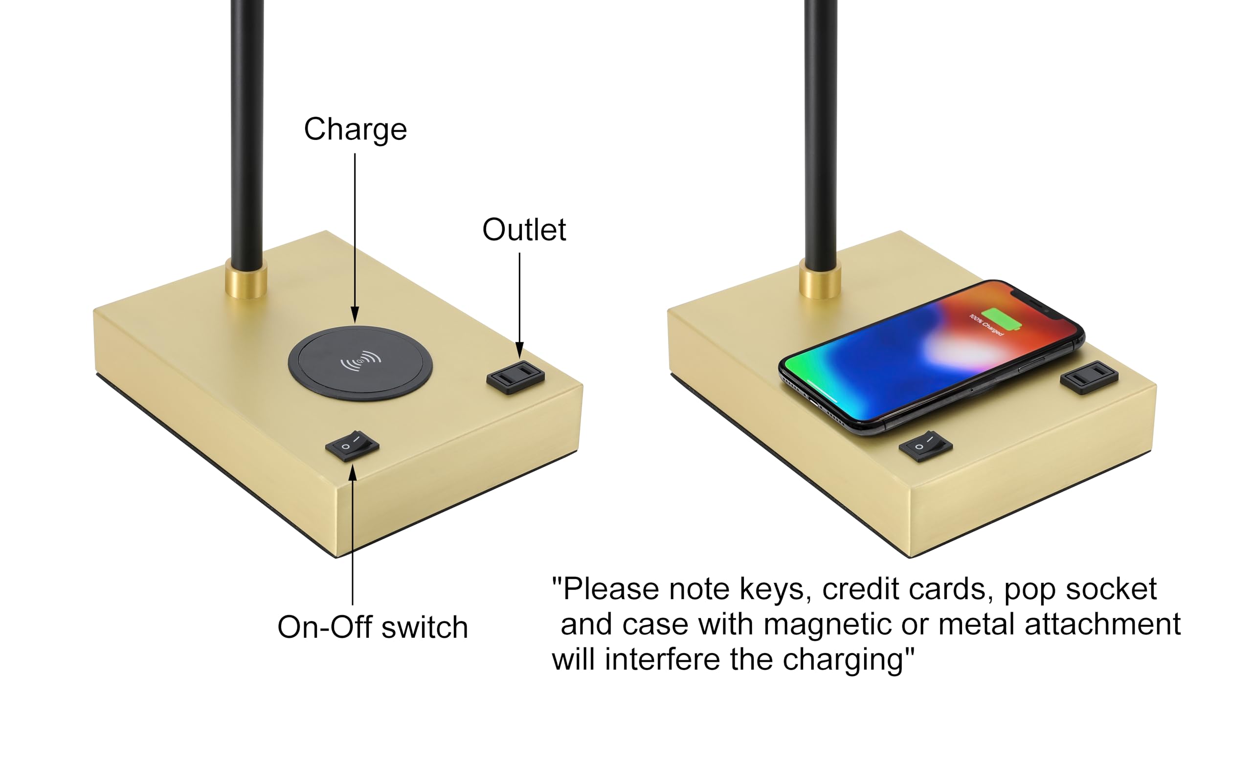 XiNBEi Lighting Desk Lamps for Home Office Modern Black and Brass Table Lamp with Switch Bedside Table Lamp with Charger for Bedroom or Nightstand