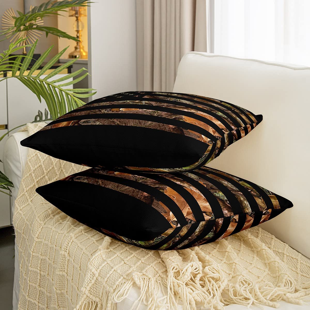 Set of 2 American Flag Camo Throw Pillow covers 18x18, Military Hunting Pillow covers, Rustic Tree Leaves Camouflage Cushion cases, Nature Branches Decorative Pillow covers for Boys, Black Brown