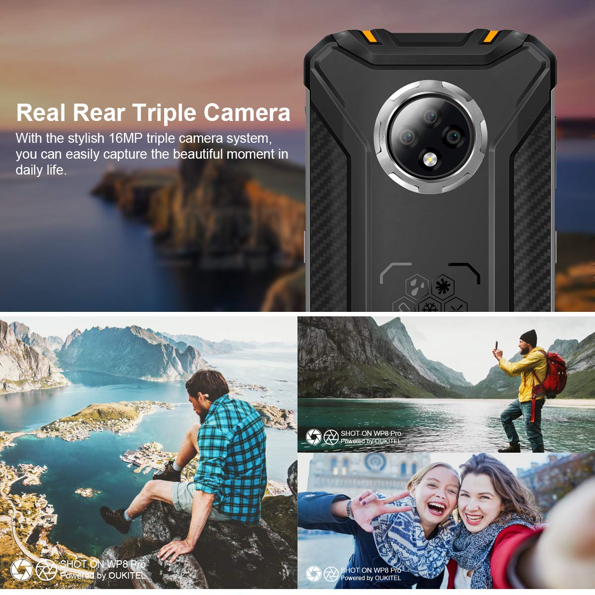OUKITEL WP8 Pro Rugged Smartphone 6.49 inch Android 10 Unlocked Cell Phones 5000mAh Battery 4GB RAM + 64GB ROM IP68 Waterproof Mobile Phone 4G Dual SIM 16MP Rear Triple Camera NFC Global Version