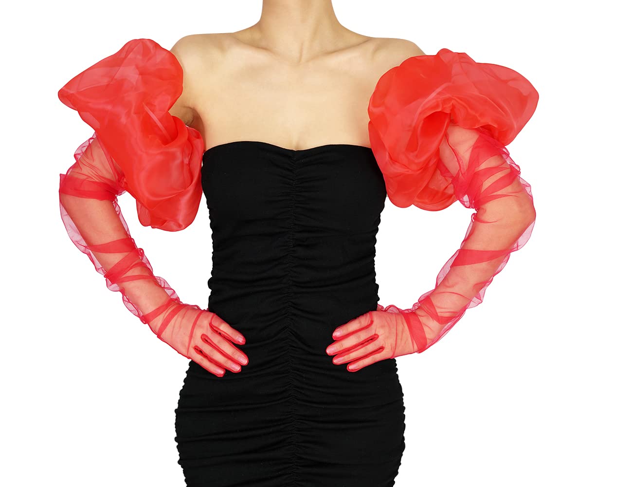 XXDingbs Super Puff Sheer Long Gloves Oversize Tulle Mesh Gloves for Cocktail Opera Party Gloves with Ruffle Long Sleeve Red
