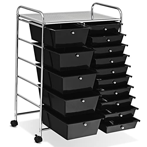 Recollections 15 Drawer Rolling Organizer Cart - Universal Rolling Cart and Organizer with Drawers for Office Multi-Use Storage (Black)