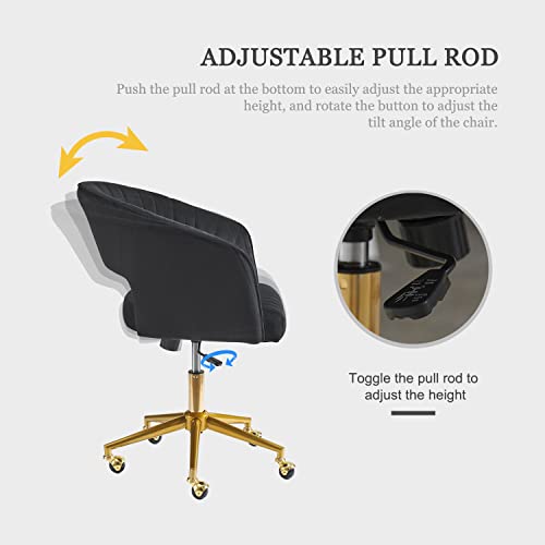 Kiztir Velvet Home Office Chair, Modern Swivel Desk Chair with Gold Base, Round Solid Wheel, Adjustable Vanity Chair for Study, Living Room, Bedroom (Black)