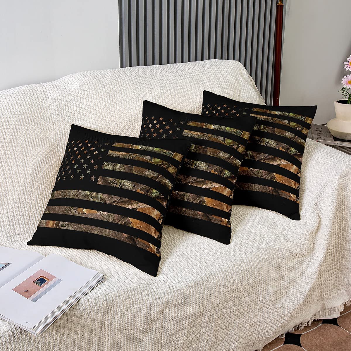 Set of 2 American Flag Camo Throw Pillow covers 18x18, Military Hunting Pillow covers, Rustic Tree Leaves Camouflage Cushion cases, Nature Branches Decorative Pillow covers for Boys, Black Brown