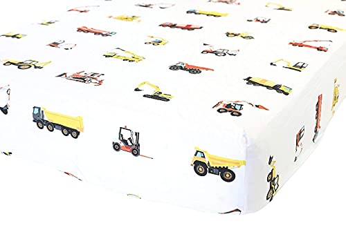 Bundle of ADDISON BELLE Products - 100% Cotton Fitted Crib Sheet + Muslin Swaddle - Construction Trucks - Soft, Durable & Breathable