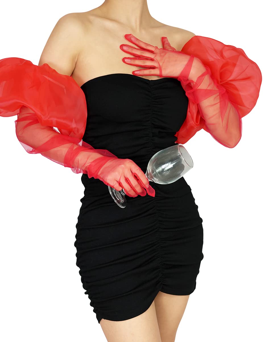 XXDingbs Super Puff Sheer Long Gloves Oversize Tulle Mesh Gloves for Cocktail Opera Party Gloves with Ruffle Long Sleeve Red