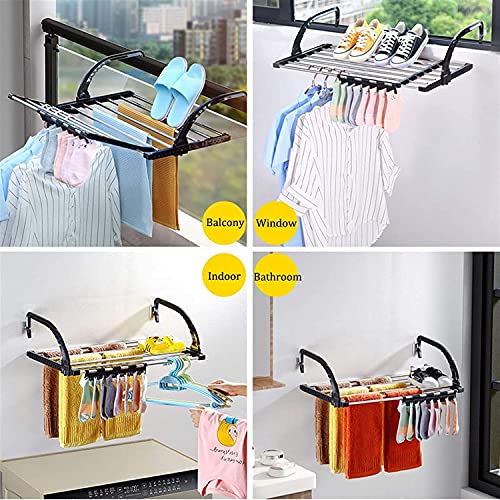 ZyHMW Clothes Airer Balcony Drying Rack Stainless Steel Folding Hanging Window Shoes Rack Adjustable Portable Outdoor Airer Clothes Towel Storage,Folding Airer (Color : S Square Tube Gray)