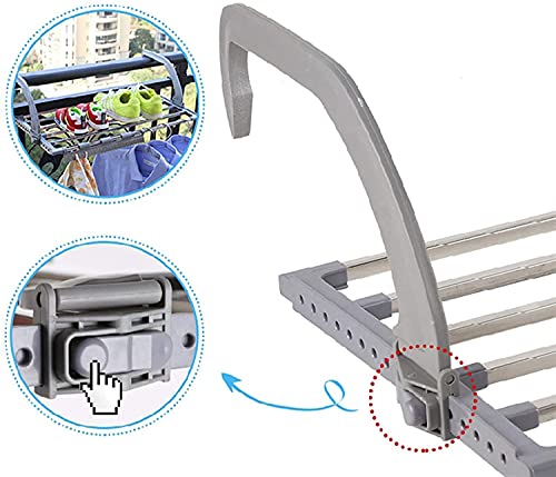 ZyHMW Clothes Airer Balcony Drying Rack Stainless Steel Folding Hanging Window Shoes Rack Adjustable Portable Outdoor Airer Clothes Towel Storage,Folding Airer (Color : S Square Tube Gray)