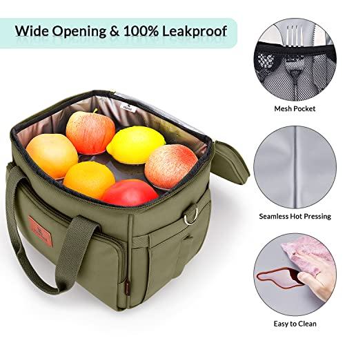 Hafmall Lunch Bag for Women Men, Wide Opening Insulated Lunch Box, Leakproof Lunch Tote Bag with Shoulder Strap, Reusable Lunch Bags for Adults for Work, Green