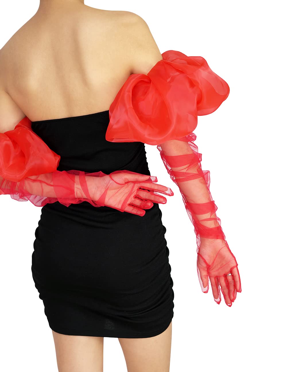 XXDingbs Super Puff Sheer Long Gloves Oversize Tulle Mesh Gloves for Cocktail Opera Party Gloves with Ruffle Long Sleeve Red