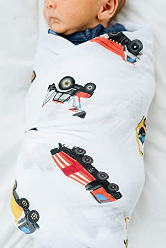 Bundle of ADDISON BELLE Products - 100% Cotton Fitted Crib Sheet + Muslin Swaddle - Construction Trucks - Soft, Durable & Breathable