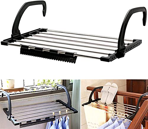 ZyHMW Clothes Airer Balcony Drying Rack Stainless Steel Folding Hanging Window Shoes Rack Adjustable Portable Outdoor Airer Clothes Towel Storage,Folding Airer (Color : S Square Tube Gray)