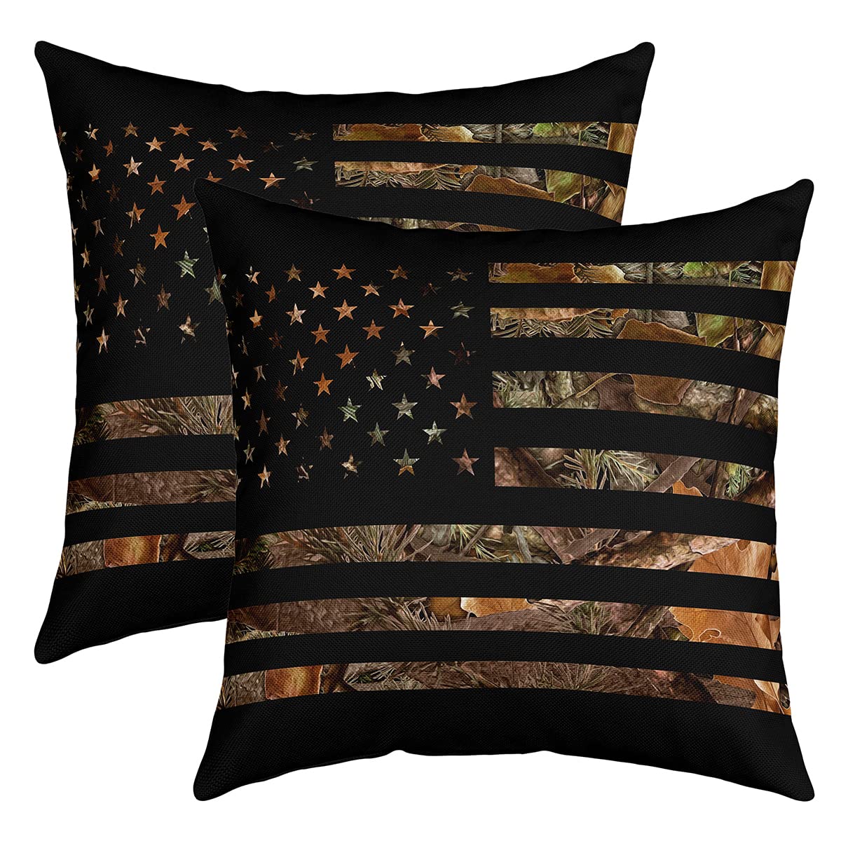 Set of 2 American Flag Camo Throw Pillow covers 18x18, Military Hunting Pillow covers, Rustic Tree Leaves Camouflage Cushion cases, Nature Branches Decorative Pillow covers for Boys, Black Brown