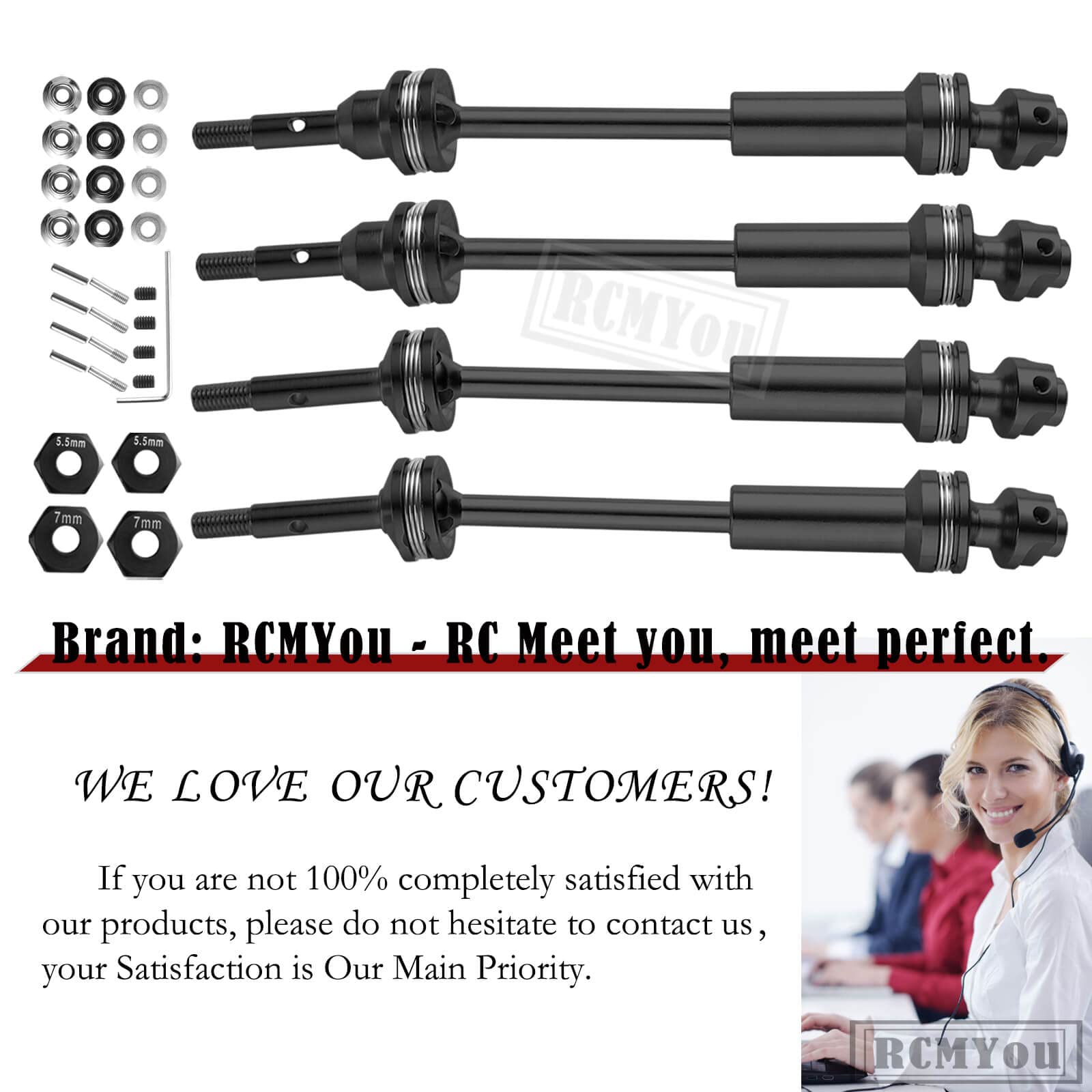 RCMYou RC Stainless Steel Drive Shaft CVD Upgrades Part for 1/10 Slash VXL 4X4,Rustler VXL 4X4,Stampede VXL 4X4,Hoss VXL 4X4 4WD,4PCS Front Rear #45 Axles with Hex,Black