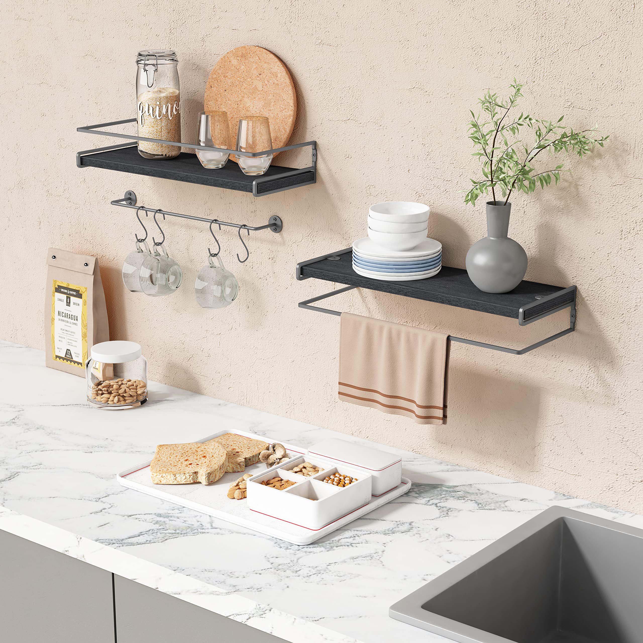 Forbena Black Floating Shelves for Bathroom Wall Set of 2, Kitchen Spice Rack Wall Mount, Modern Wood Hanging Wall Shelves for Bedroom Organizer, Restroom Pantry Closet Storage (Grey-Black)