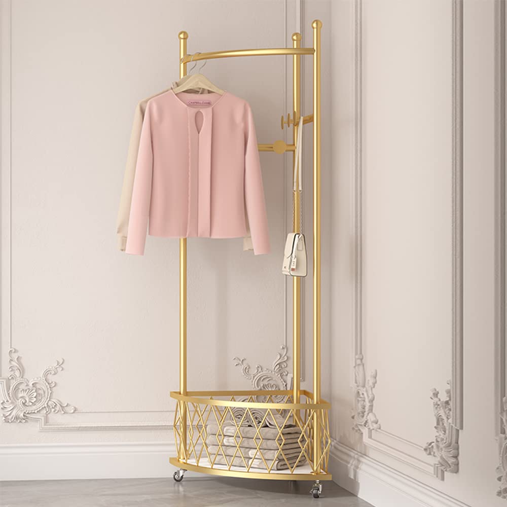 FLRH Metal Corner Coat Rack, Corner Hall Tree with Storage Basket, Freestanding Clothes Rack Organizer for Entryway, Living Room, Bedroom, Home, Office (Gold)