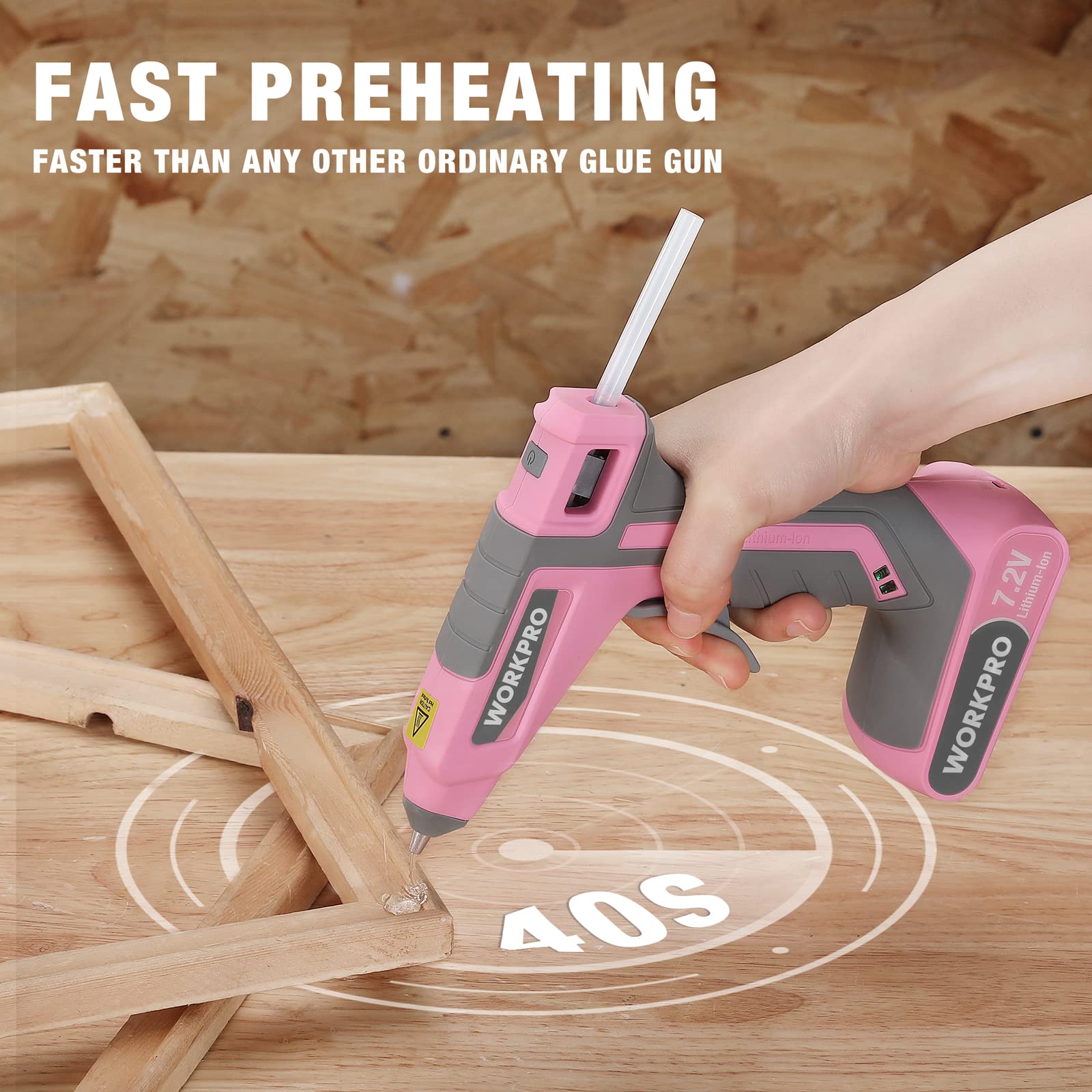 WORKPRO Pink Cordless Hot Melt Glue Gun, 7.2V Rechargeable Fast Preheating Glue Gun Kit with 20 Pc Premium Mini Glue Stick, Automatic-Power-Off Glue Gun for Art, Craft, Decoration - Pink Ribbon