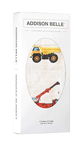 Bundle of ADDISON BELLE Products - 100% Cotton Fitted Crib Sheet + Muslin Swaddle - Construction Trucks - Soft, Durable & Breathable