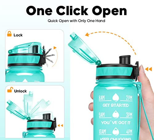 Motivational Water Bottle with Time Marker, 32 oz (950 ml), BPA-Free Plastic, Easy Drink Straw, Fits Cup Holder (1002-Green, 26 oz)