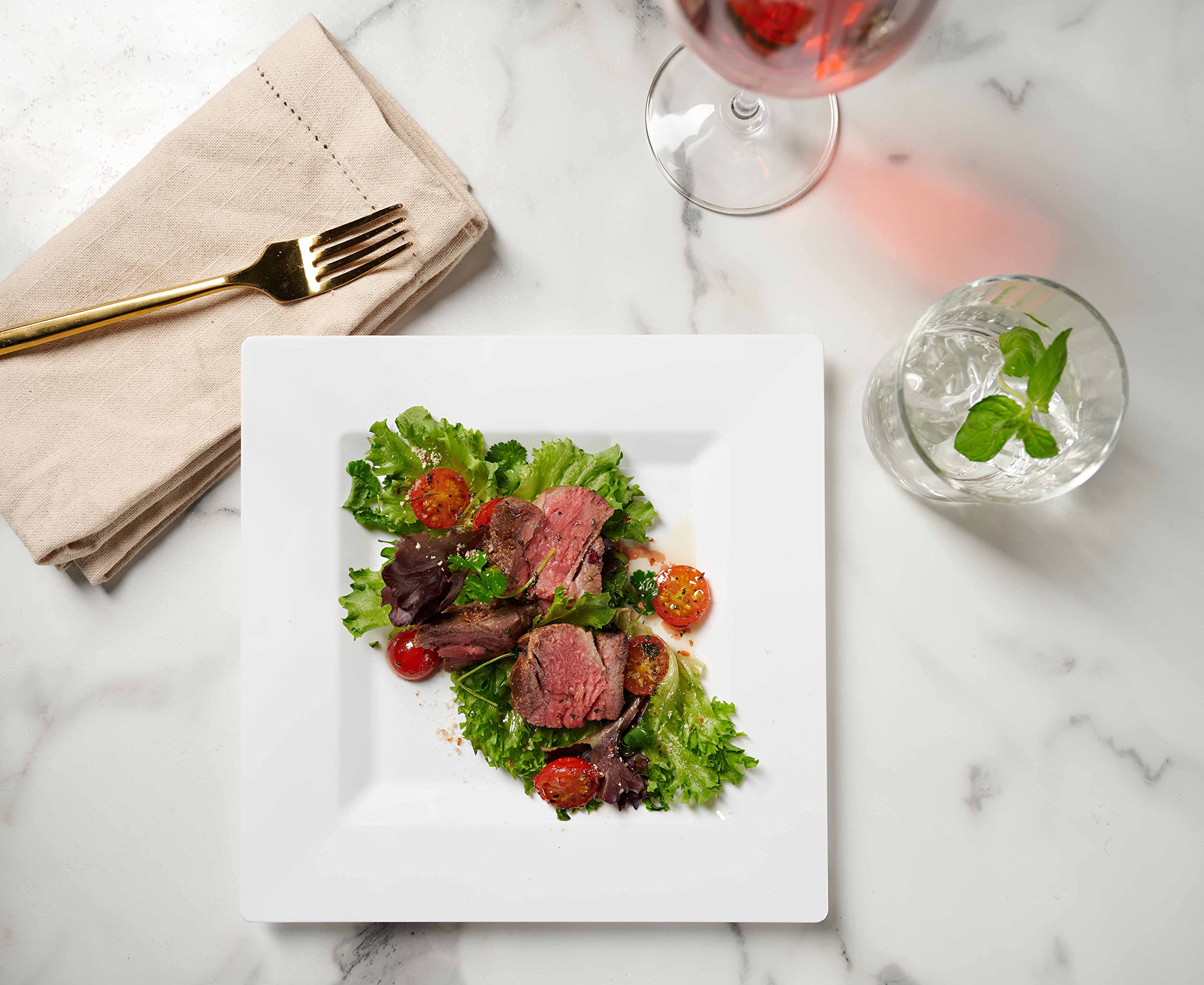 60 White Plastic Plates Set, 30 Pc 10.25 Inch Plastic Dinner Plates, and 30 Pc 7.5 Inch Plastic Dessert Plates, Fancy Disposable Plates, Heavy Duty Party Plates, Elegant Wedding Plates, Square Plates