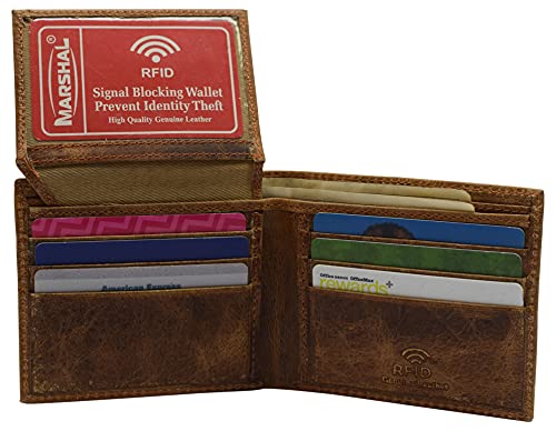 MARSHAL RFID Blocking Genuine Leather Men's Bifold Eagle USA Flag Wallet Gift (Brown)