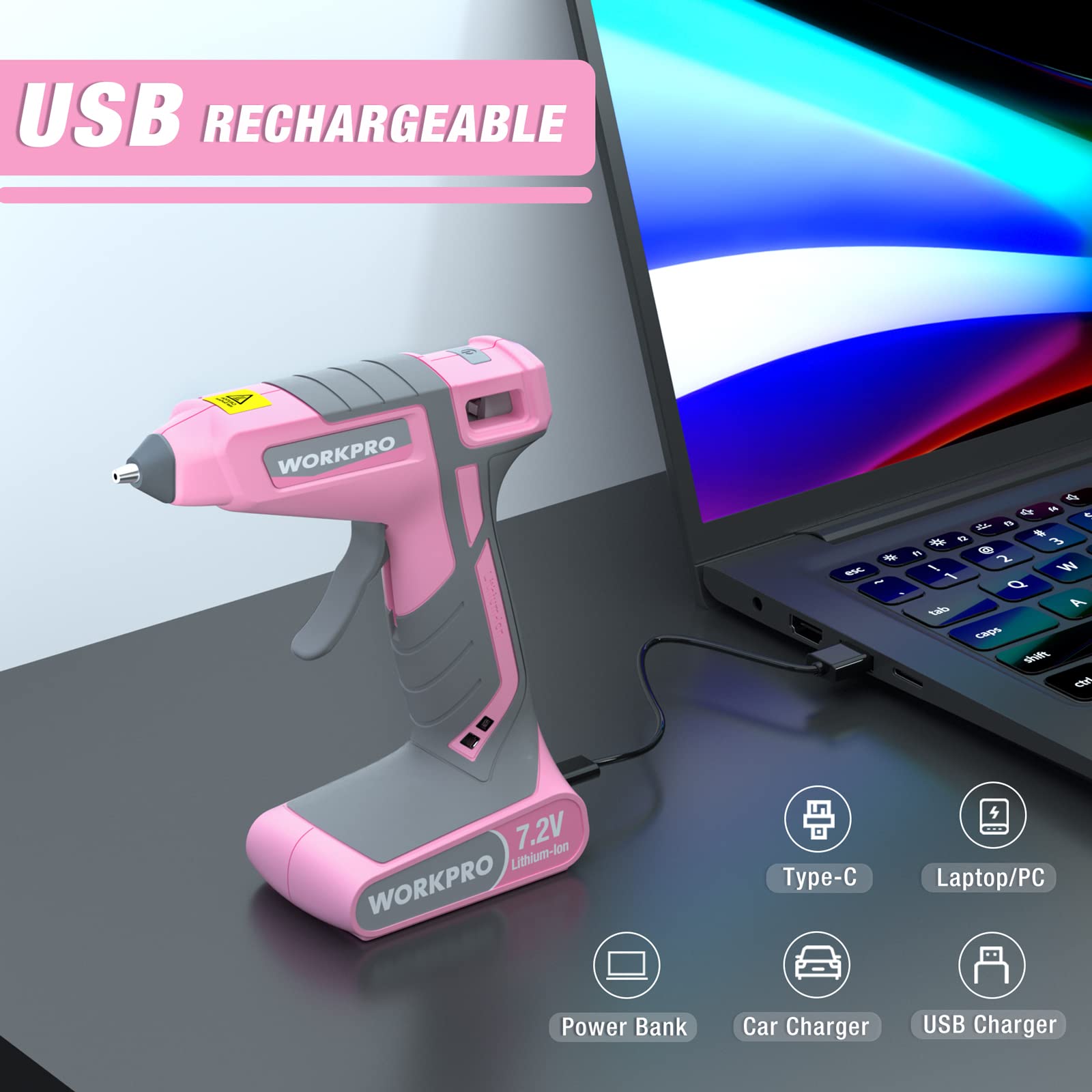 WORKPRO Pink Cordless Hot Melt Glue Gun, 7.2V Rechargeable Fast Preheating Glue Gun Kit with 20 Pc Premium Mini Glue Stick, Automatic-Power-Off Glue Gun for Art, Craft, Decoration - Pink Ribbon