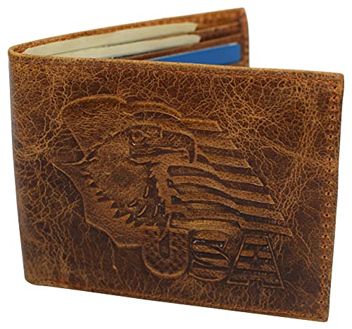 MARSHAL RFID Blocking Genuine Leather Men's Bifold Eagle USA Flag Wallet Gift (Brown)