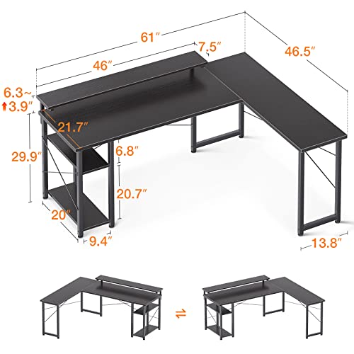ODK L Shaped Gaming Desk, 61" Corner Computer Desk with Monitor Stand & Storage Shelf, Sturdy Home Office Desk, Black